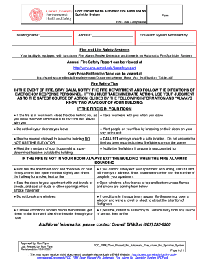 Fillable Online sp ehs cornell Door Placard No Auto Fire Alarm No ...