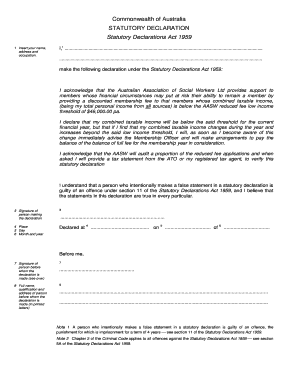 Fillable Online Statutory Declaration Form AASW Reduced Fee 2014-2015 ...