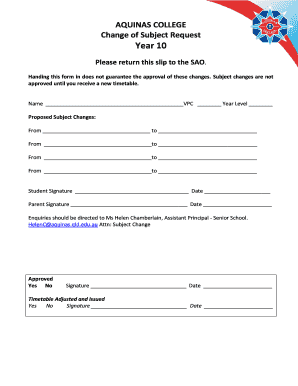 Fillable Online aquinas qld edu BAQUINASb COLLEGE Change of Subject ...
