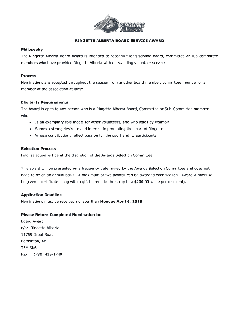 Fillable Online RINGETTE ALBERTA BOARD SERVICE AWARD Fax Email Print ...