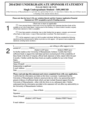 Fillable Online umass 20142015 UNDERGRADUATE SPONSOR STATEMENT Fax ...