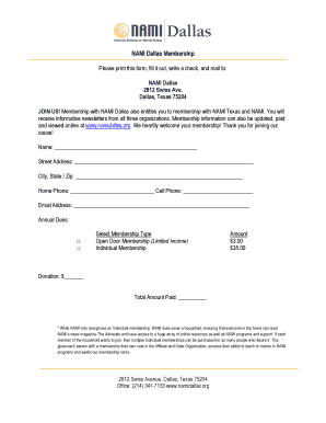 Fillable Online namidallas NAMI Dallas Membership NAMI Dallas 2812 ...