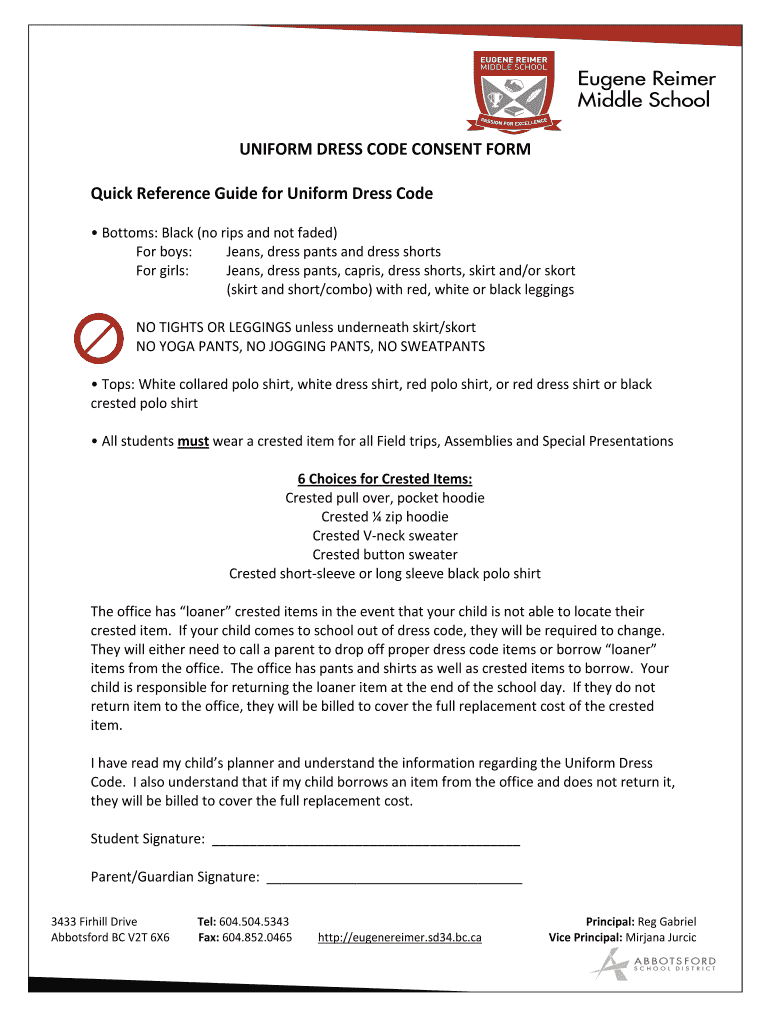 Fillable Online eugenereimer sd34 bc Uniform Dress Code Consent ...