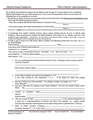 Fillable Online Oberlin Road Pediatrics New Patient Questionnaire Fax Email Print - pdfFiller