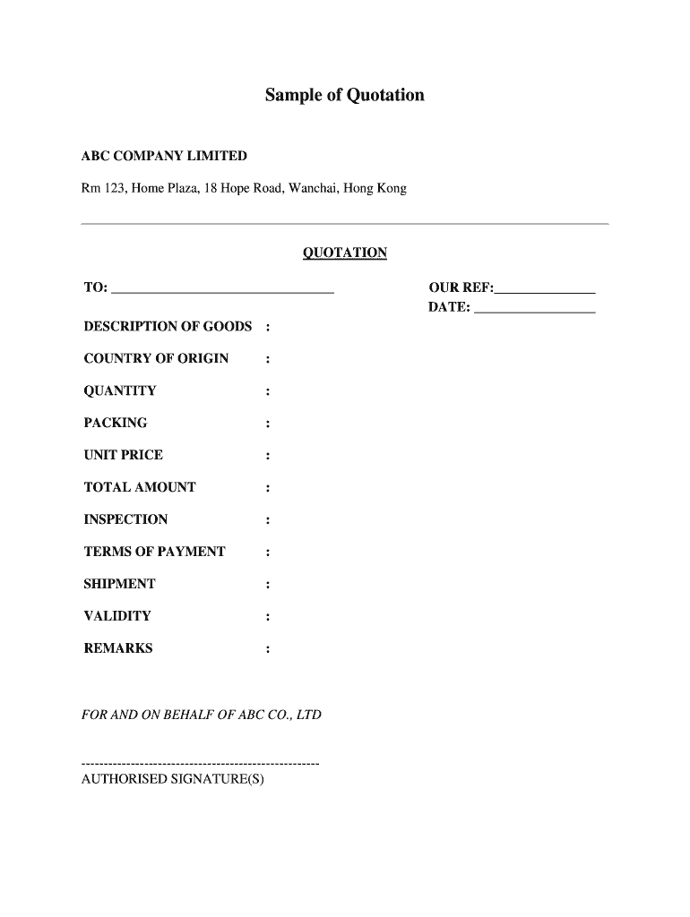 Fillable Online Sample of Quotation - bhongb-bkongb-beconomyb-bresearchbbhktdcbbcomb Fax Email ...