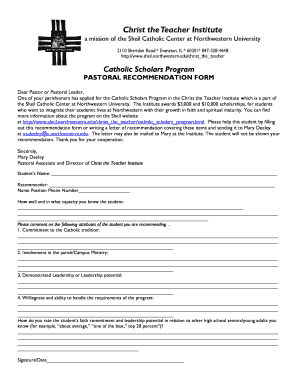Fillable Online sheil northwestern Catholic Scholars Program PASTORAL RECOMMENDATION FORM Fax ...