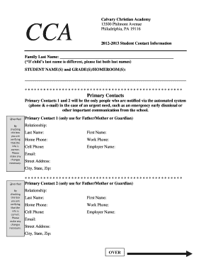 Fillable Online cca ccphilly 20122013 Student Contact Information - cca ...