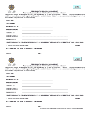 Fillable Online gips vic edu PERMISSION FOR INCLUSION ON CLASS LIST ...