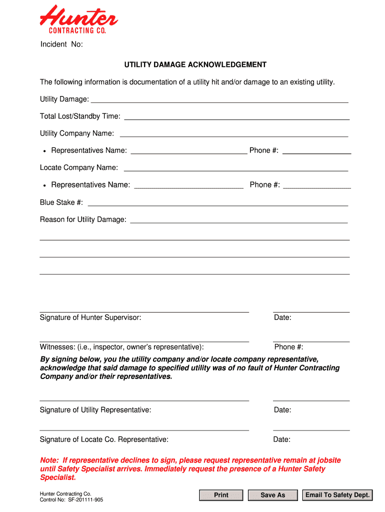 Fillable Online UTILITY DAMAGE ACKNOWLEDGEMENT - Hunter Contracting Co ...