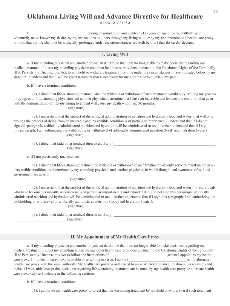 Fillable Online Oklahoma Living Will and Advance Directive for ...