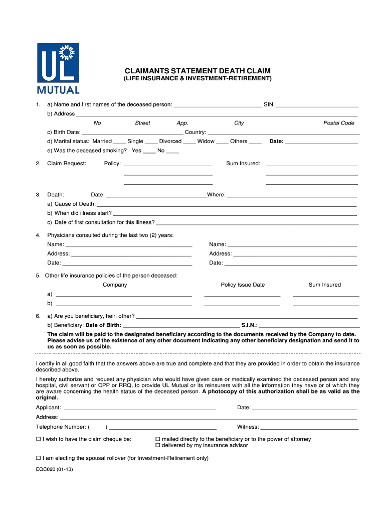 Fillable Online ulmutual CLAIMANTS STATEMENT DEATH CLAIM LIFE INSURANCE ...