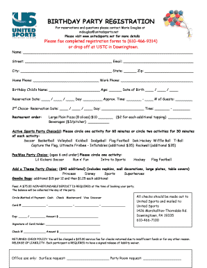 Fillable Online BIRTHDAY PARTY REGISTRATION - United Sports Fax Email ...
