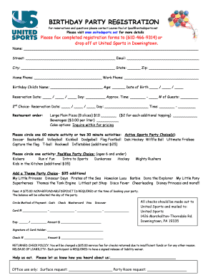 Fillable Online BIRTHDAY PARTY REGISTRATION correct1 - United Sports ...