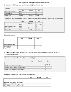 Fillable Online Developmental Testing Age Calculation Cheat Sheet Fax ...