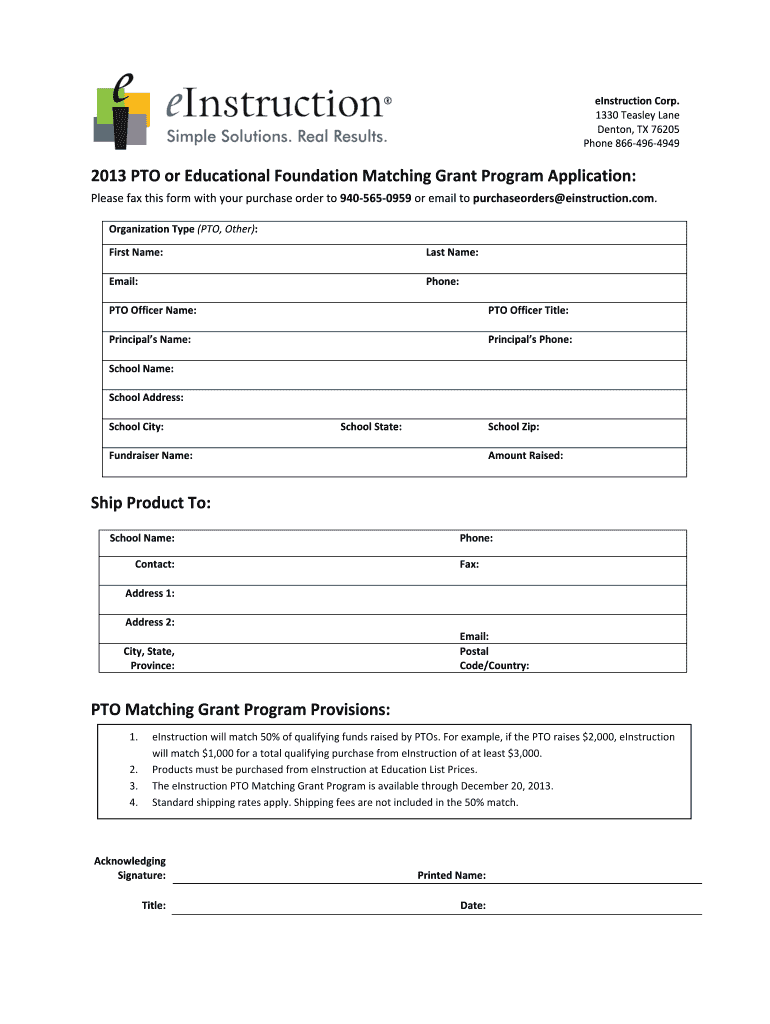 Fillable Online PTO Matching Grant Application 1-25-13 Fax Email Print ...