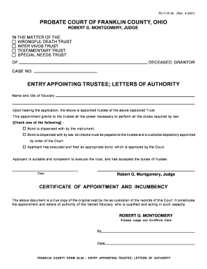 Fillable Online Entry appointing trustee - Franklin County Probate ...