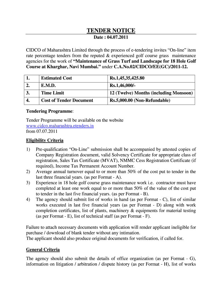 Fillable Online cidco maharashtra etenders TENDER NOTICE - Government ...