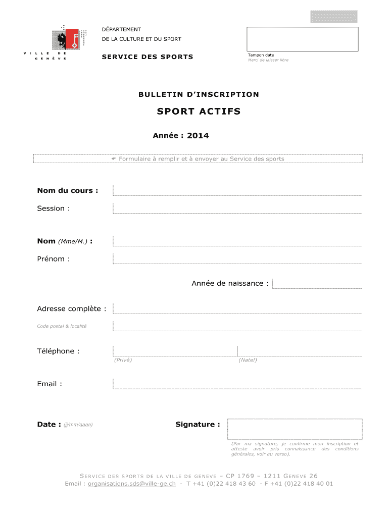 Fillable Online ville-geneve Bulletin d'inscription - Sport Actifs ...