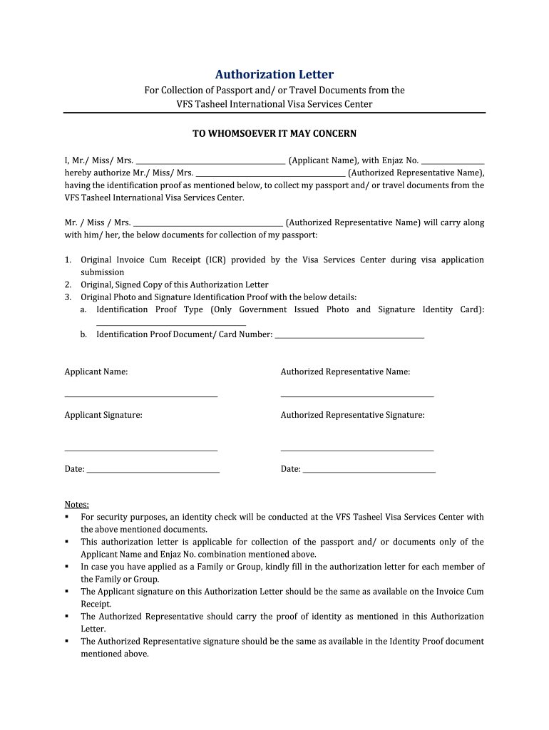 Vfs Authorization Letter For Passport Collection 2020 2022 Fill And 