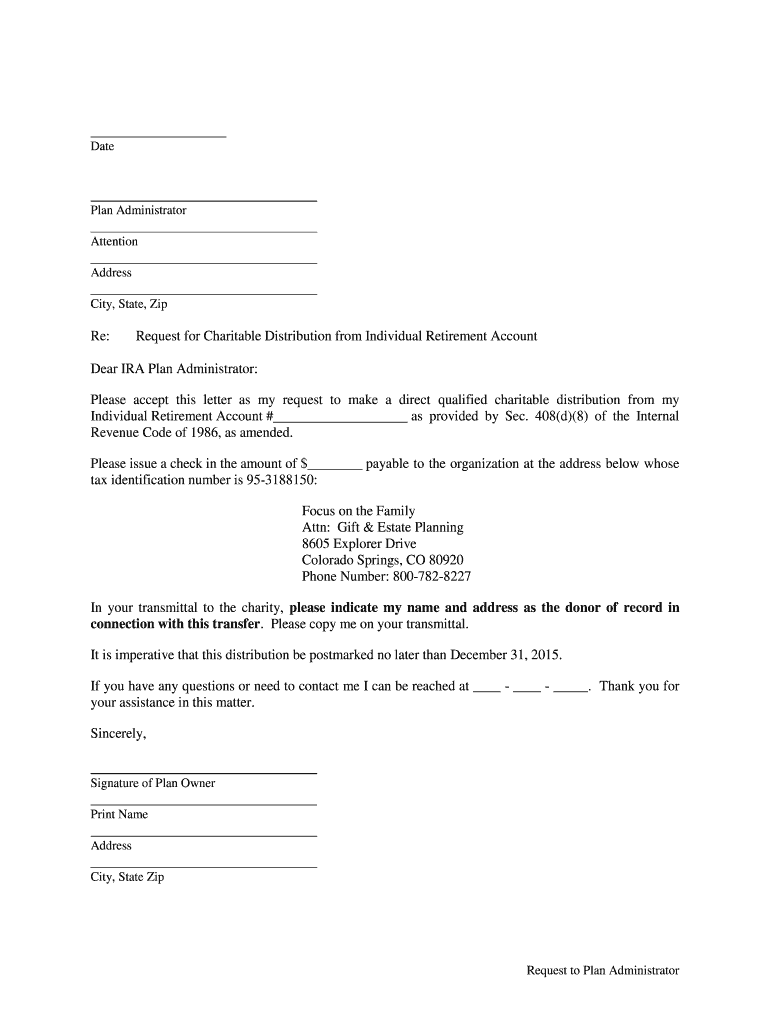 Fillable Online Re: Request for Charitable Distribution from Individual ...