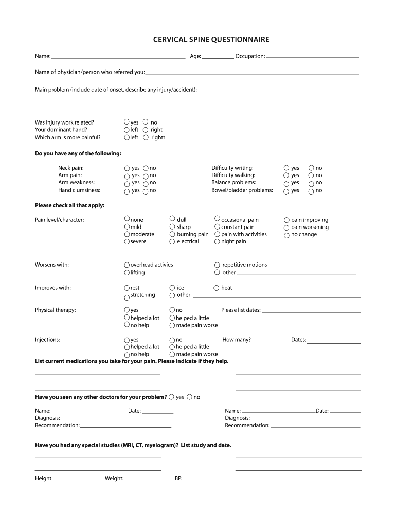 Fillable Online CerviCal Spine QueStionnaire - Medical Faculty ...