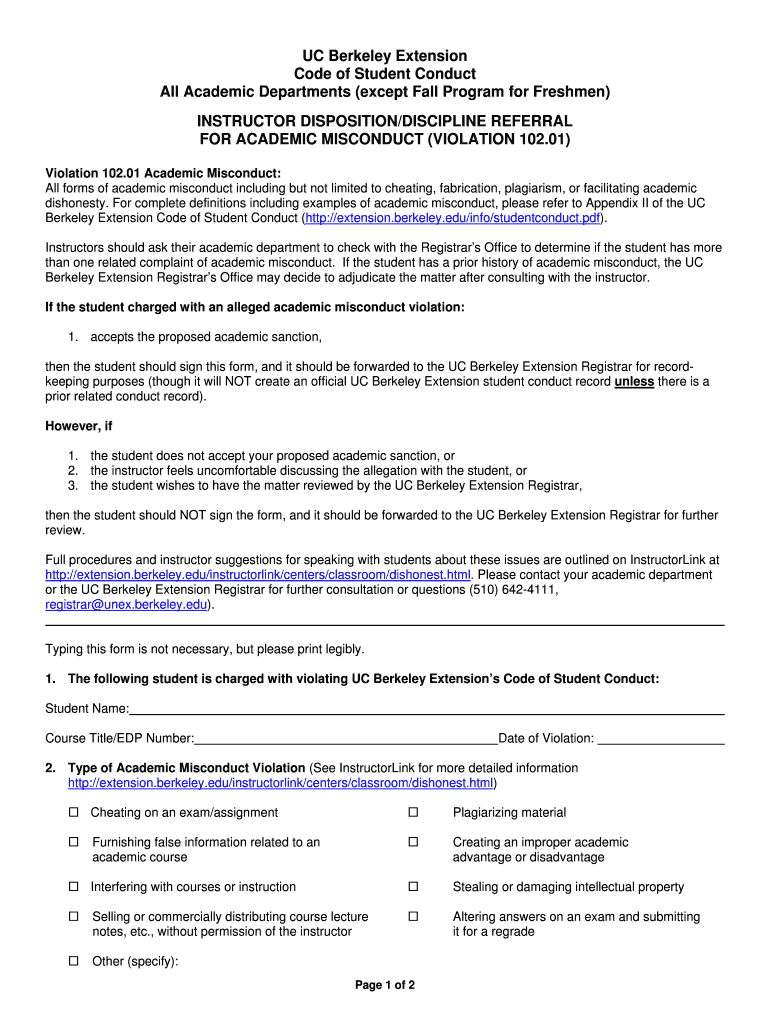 Fillable Online instructorlink berkeley Academic Misconduct Instructor ...