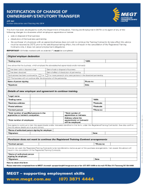 Fillable Online NOTIFICATION OF CHANGE OF OWNERSHIPSTATUTORY TRANSFER ...