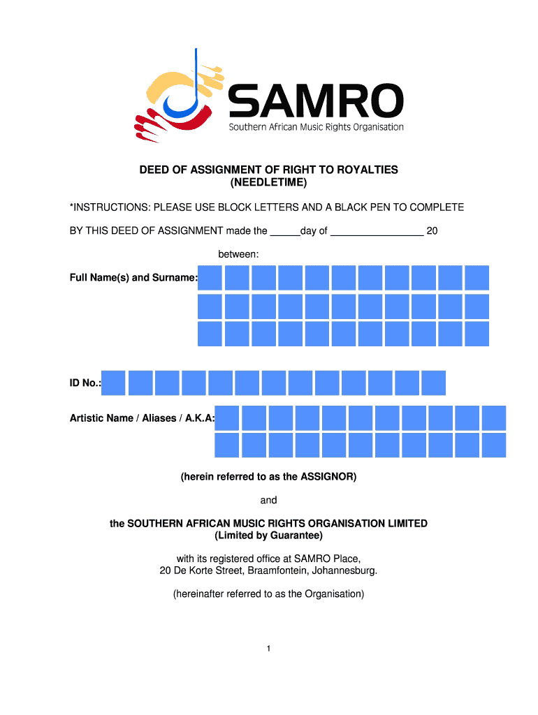 Fillable Online DEED OF ASSIGNMENT OF RIGHT TO ROYALTIES Fax Email ...