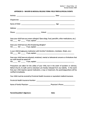 Fillable Online APPENDIX G WAIVER amp MEDICAL RELEASE FORM FIELD TRIPS ...