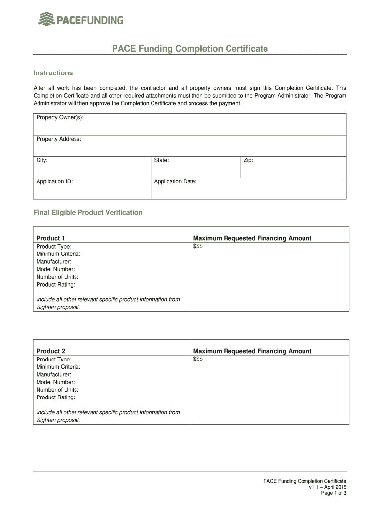 Fillable Online PACE Funding Completion Certificate Fax Email Print ...