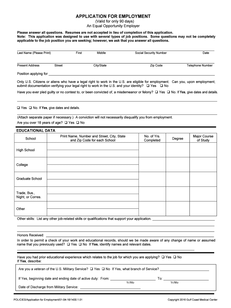 Fillable Online Employment Application PDF - Gulf Coast Medical Center ...