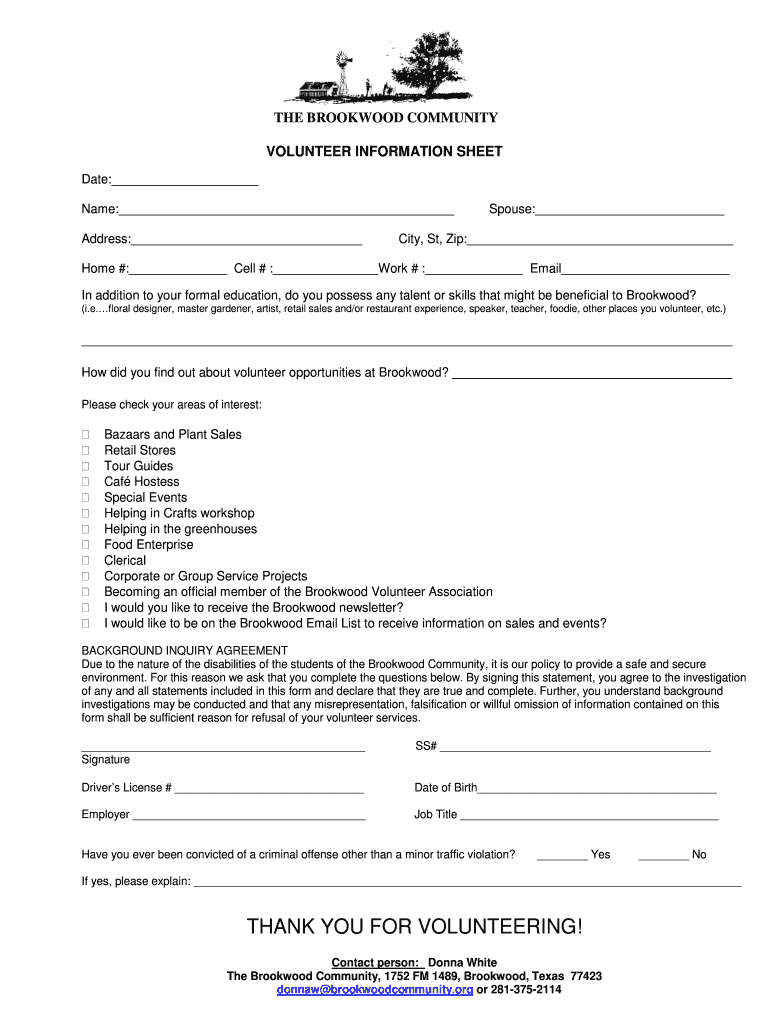 Fillable Online brookwoodcommunity THE BROOKWOOD COMMUNITY VOLUNTEER ...