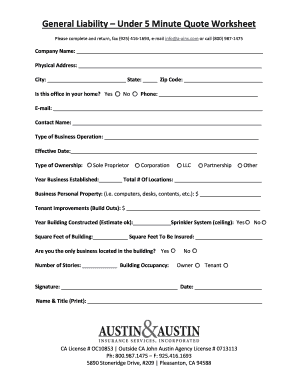 Fillable Online General Liability Under 5 Minute Quote Worksheet Fax ...