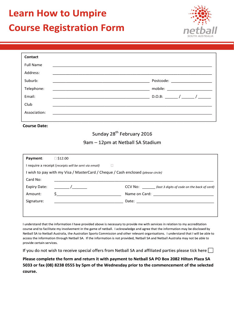 Fillable Online Learn How to Umpire Course Registration Form Fax Email ...