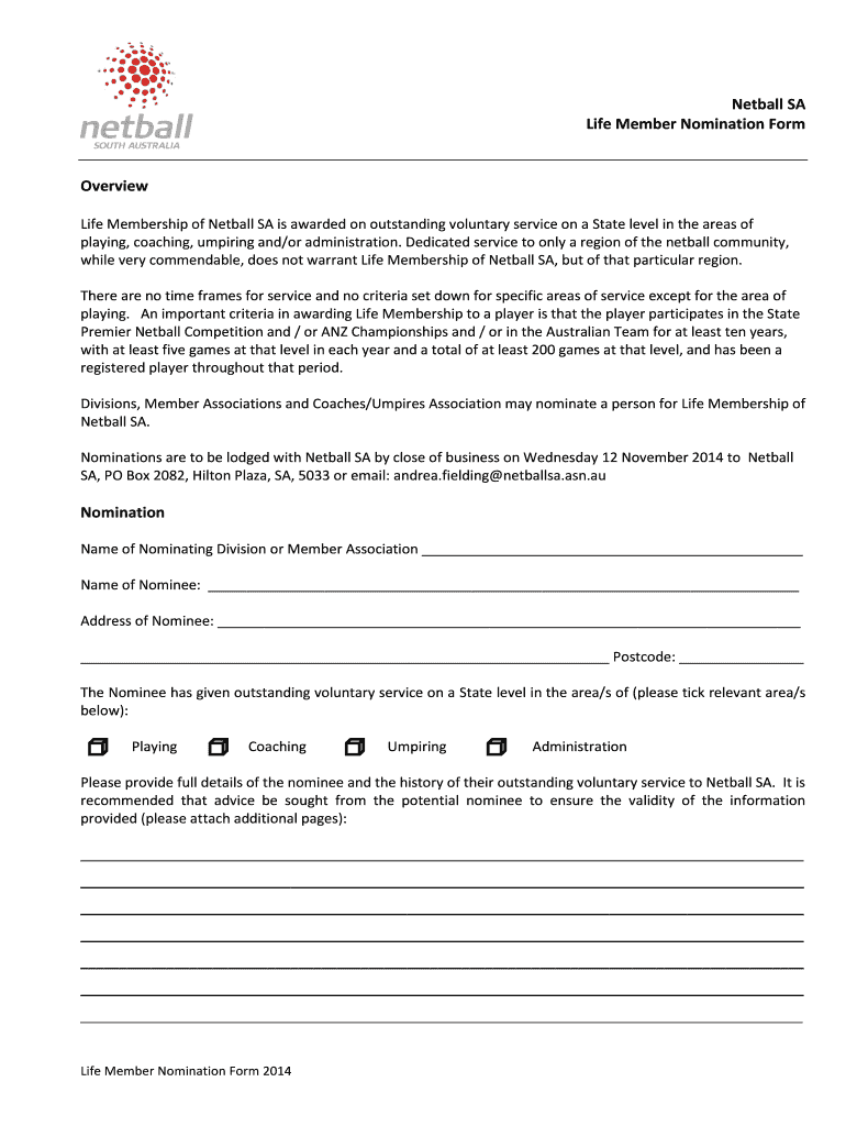Fillable Online Netball SA Life Member Nomination Form Overview Fax ...