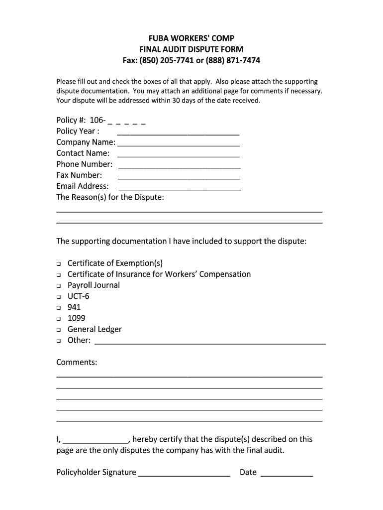 Fillable Online FUBA WORKERS COMP FINAL AUDIT DISPUTE FORM Fax Email ...
