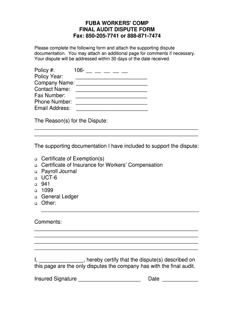 Fillable Online 20032004 FINAL AUDIT DISPUTE FORM - FUBA Workers Comp ...