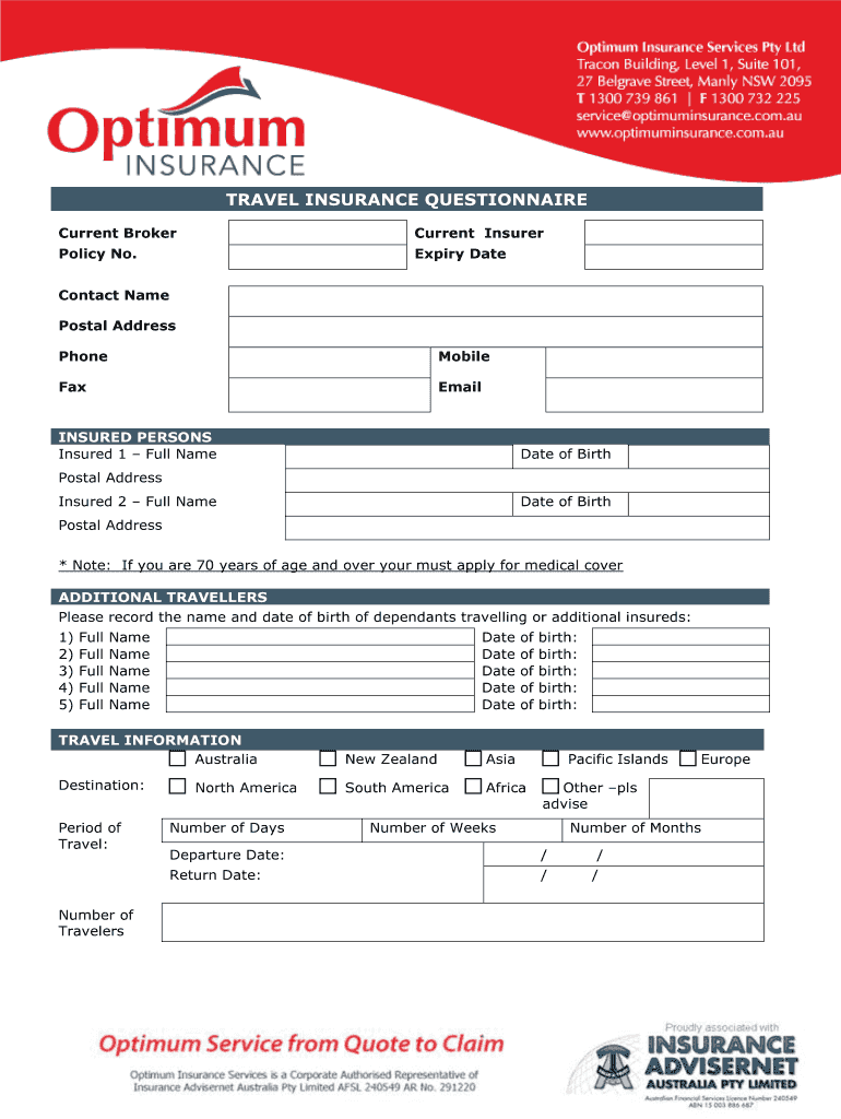 Fillable Online TRAVEL INSURANCE QUESTIONNAIRE Fax Email Print - pdfFiller