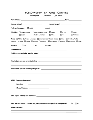 Fillable Online FOLLOW UP PATIENT QUESTIONNAIRE - Fax Email Print ...