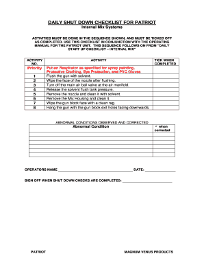 Fillable Online DAILY SHUT DOWN CHECKLIST FOR PATRIOT Internal Mix ...