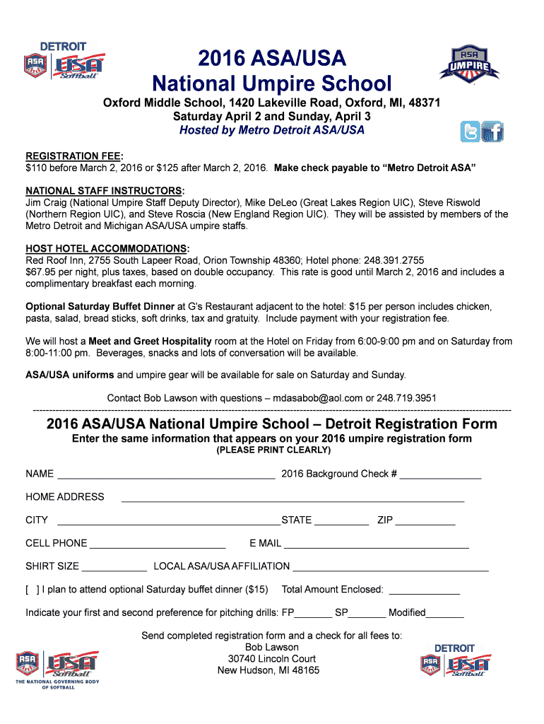 Fillable Online metrodetroitasa 2016 ASA National Umpire 2016 ASA/USA ...