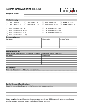 Fillable Online CAMPER INFORMATION FORM - 2016 - lincolnca Fax Email ...