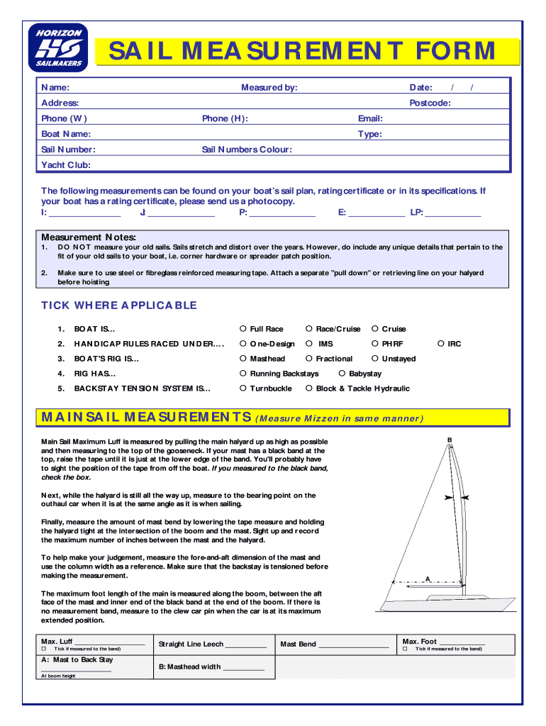 Fillable Online SAIL MEASUREMENT FORM - Horizon Sails Fax Email Print ...