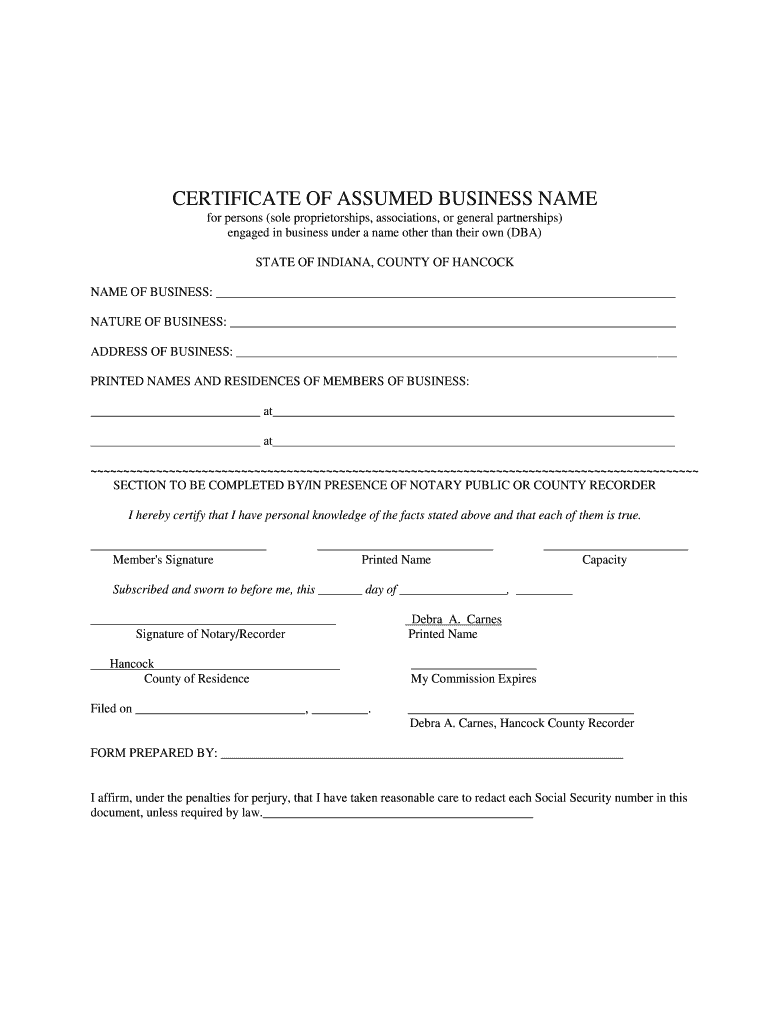 Fillable Online BCertificateb of bAssumedb Business Name - Hancock ...