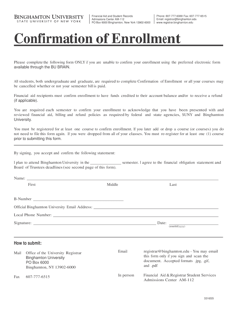 Fillable Online binghamton BConfirmationb of Enrollment - Binghamton University Fax Email Print ...