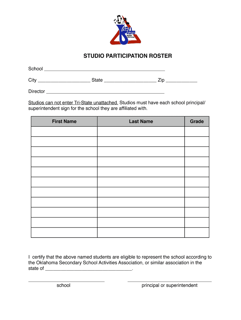 Fillable Online STUDIO PARTICIPATION ROSTER - Tri-State Music Festival ...
