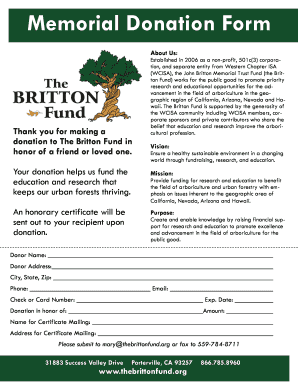 Fillable Online Memorial Donation Form - The Britton Fund Inc Fax Email ...