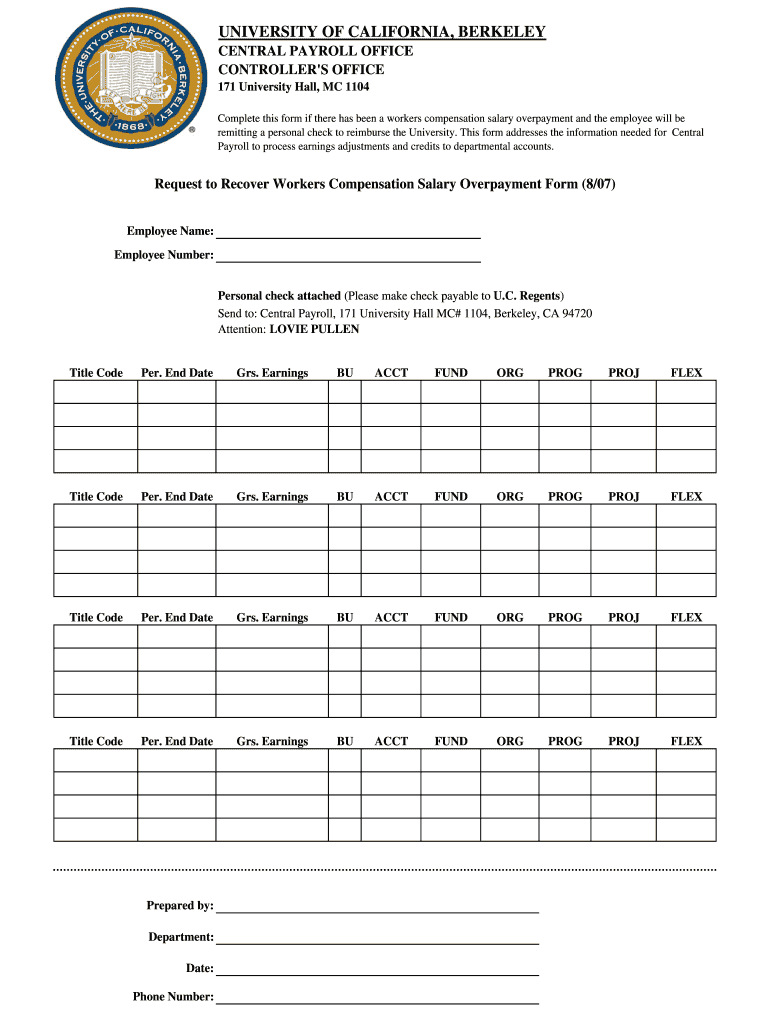 Fillable Online controller berkeley Request to recover overpayment formPortrait 2xls Fax Email ...