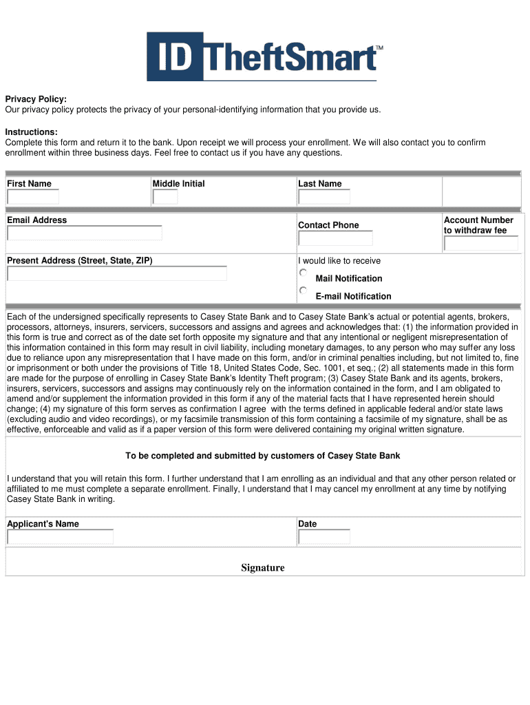 Fillable Online Print the ID TheftSmart application - Casey State Bank ...