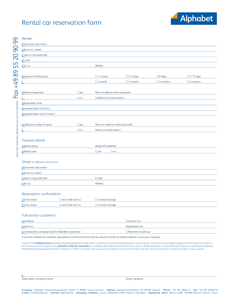 Fillable Online Rental car reservation form - alphabetcom Fax Email ...